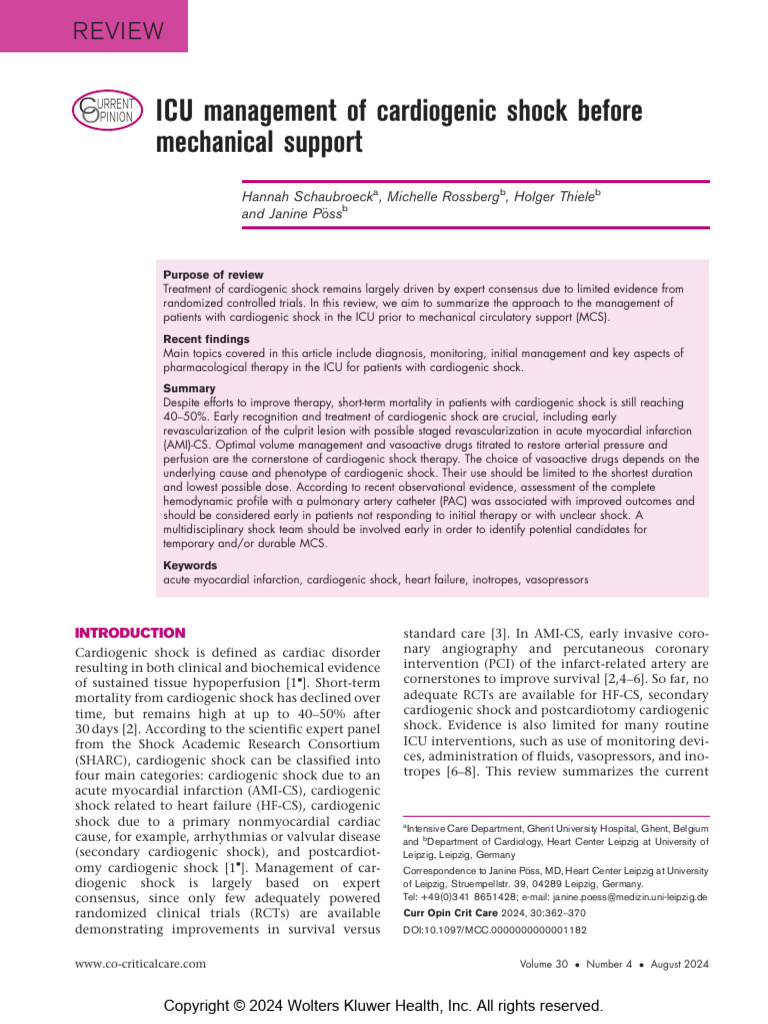 ICU Management of Cardiogenic Shock Before Mechanical Support | PDF