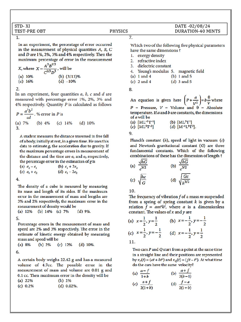 Xi Pre Obt Phy Neet QP (2-08-24) | PDF