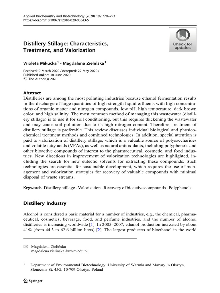 Distillery Stillage: Characteristics, Treatment, and Valorization | PDF