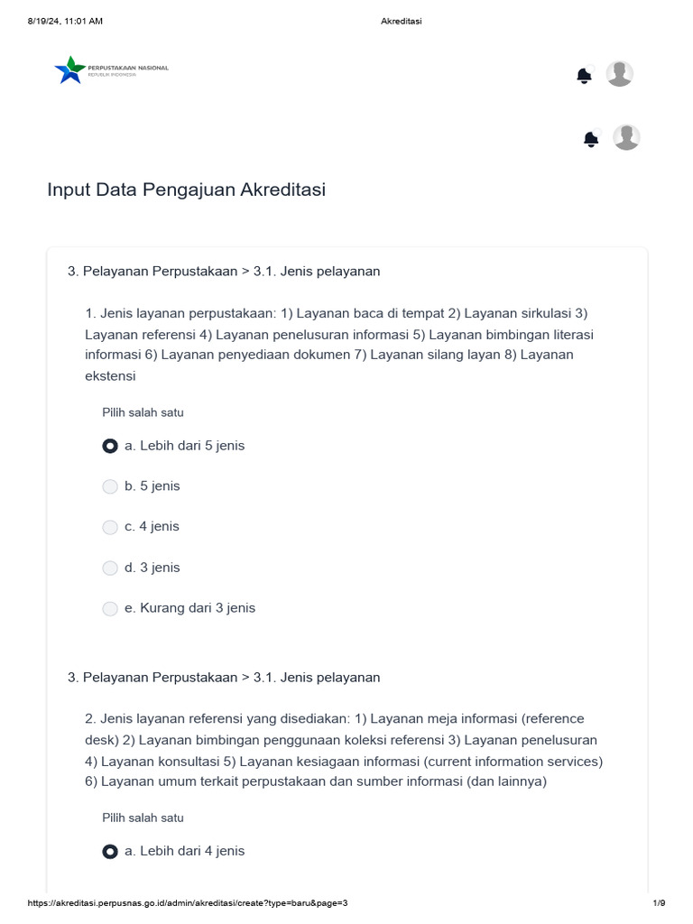 Input Data Pengajuan Akreditasi: 3. Pelayanan Perpustakaan 3.1. Jenis ...