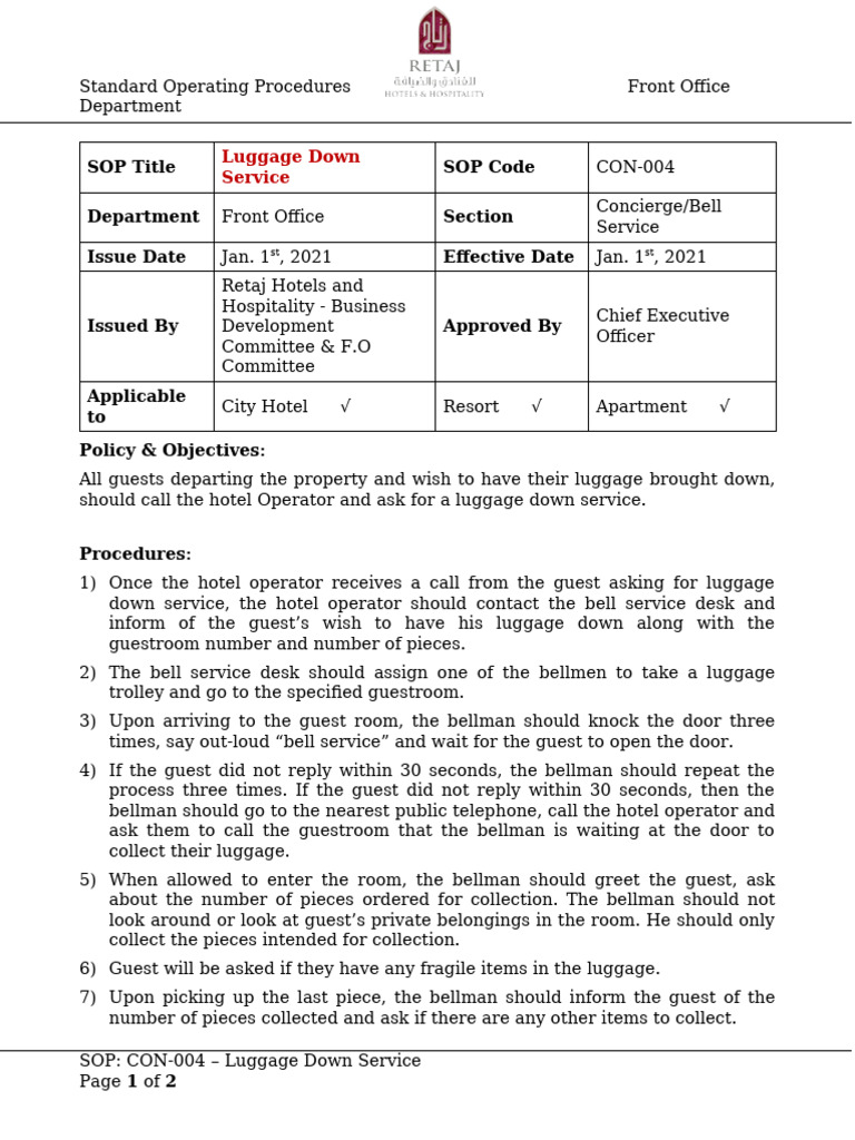 (CON-004) Concierge - Luggage Down Service | PDF