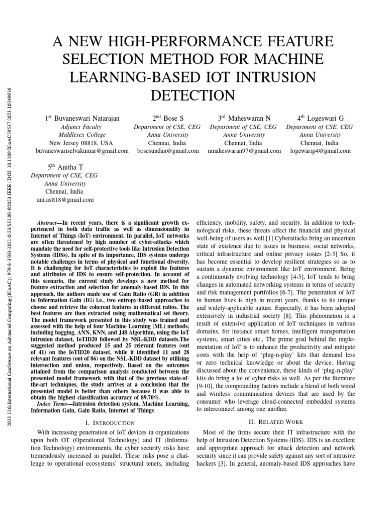 A New High-Performance Feature Selection Method For Machine Learning-Based IOT Intrusion ...