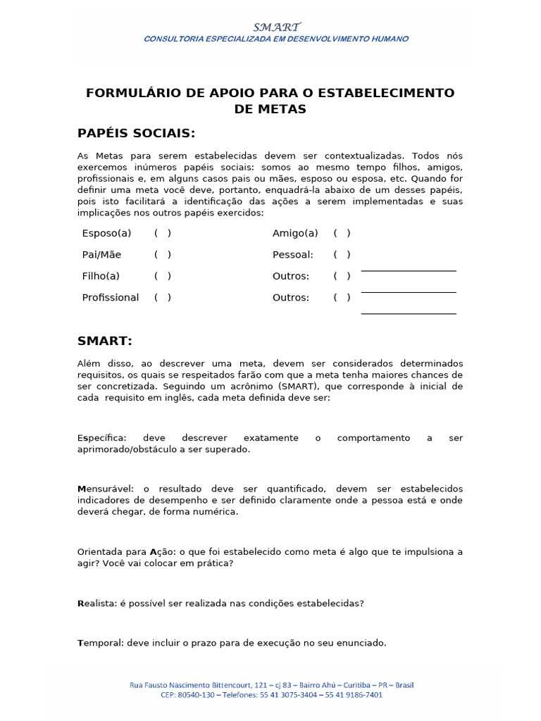 Formulario para Estabelecimento de Metas | PDF