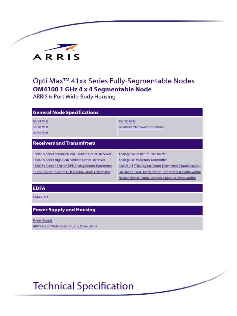 ARRIS OPTI MAX OM4100 1 GHz-4x4 Segmentable Node-Datasheet v2 | PDF