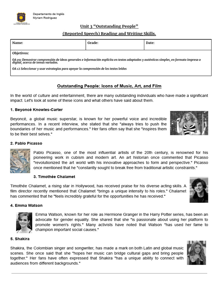 Outstanding People. Reported Speech Reading Comprehension | PDF