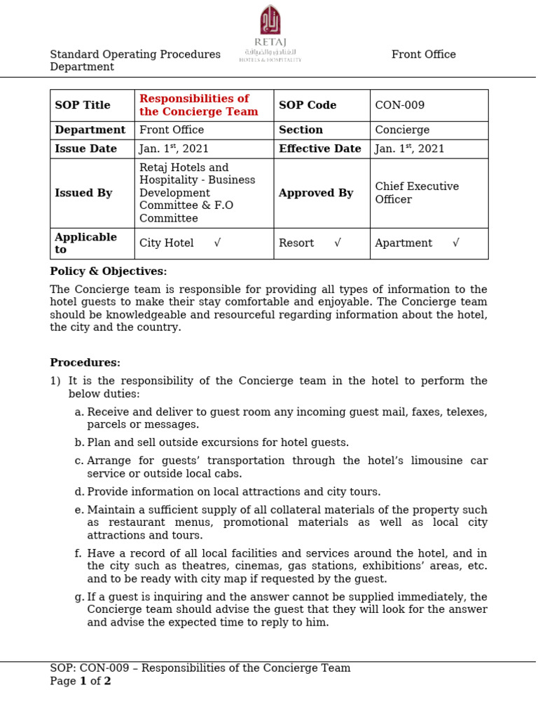 (CON-009) Concierge - Responsibilities of The Concierge Team | PDF ...
