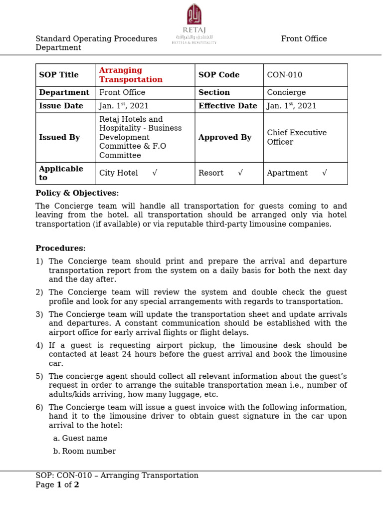 (CON-010) Concierge - Arranging Transportation | PDF | Business