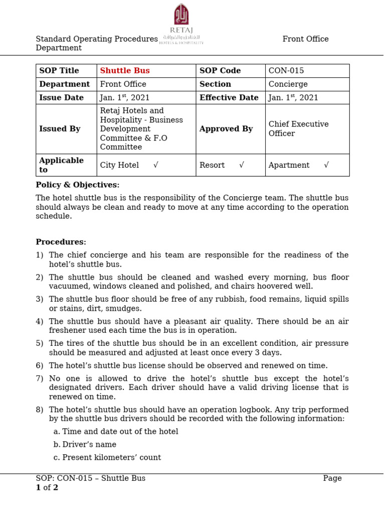 (CON-015) Concierge - Shuttle Bus | PDF | Transport | Land Transport