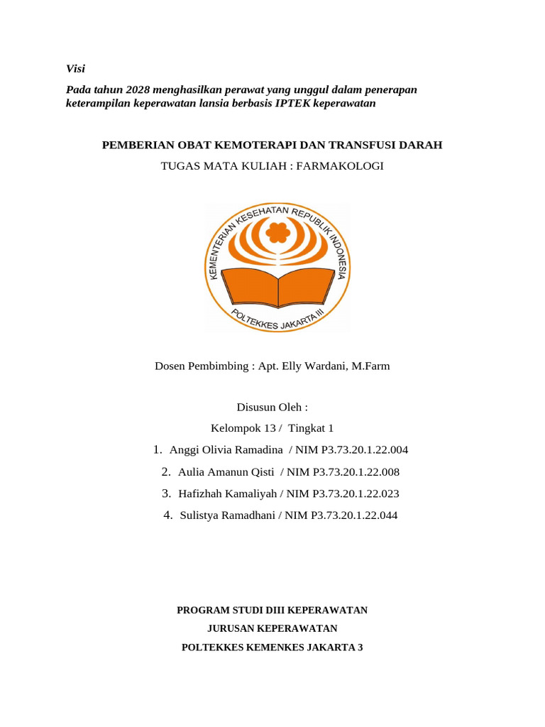 Makalah Pemberian Obat Kemoterapi & Transfusi Darah - Kel 13 1a | PDF