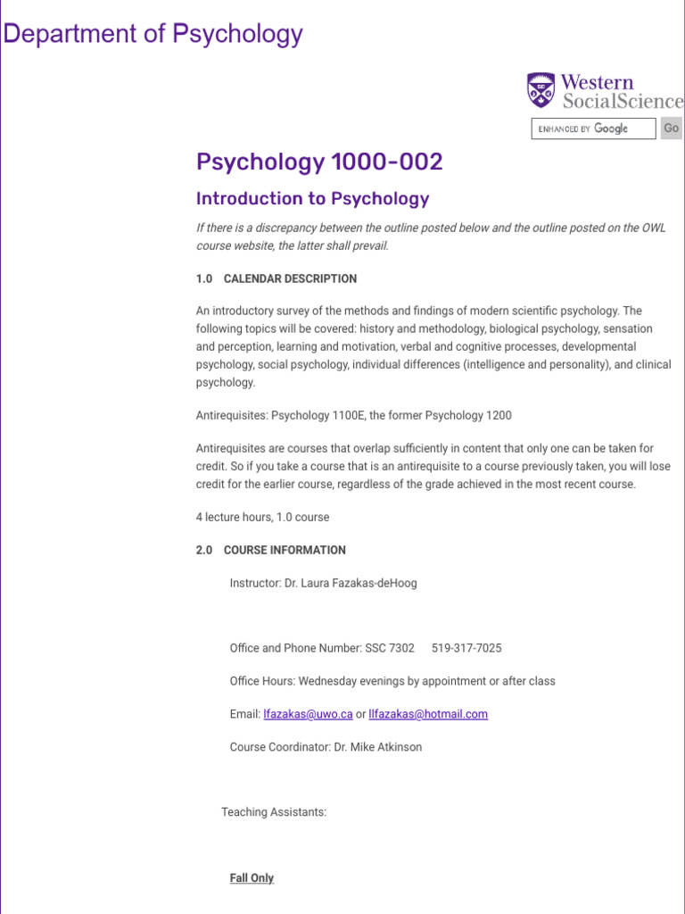 Psychology 1000 Course Outline Western | PDF
