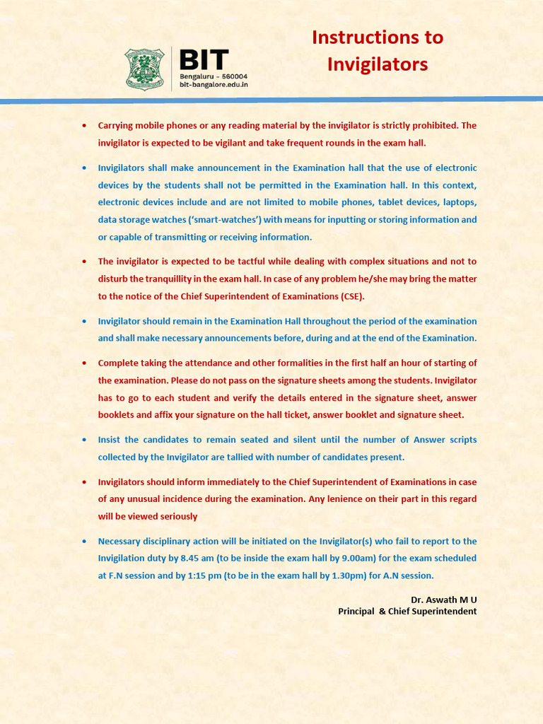 Instructions To Invigilators | PDF | Wellness | Science & Mathematics