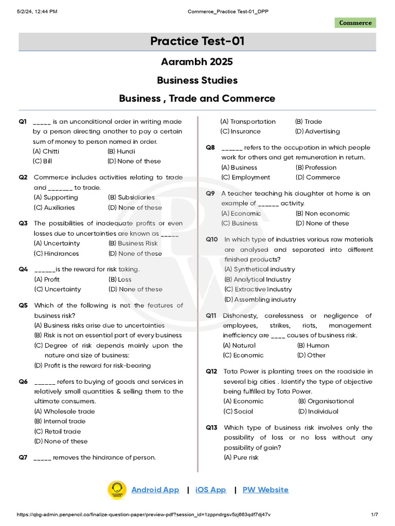 Practice Test 01 - Business Studies Test Paper - Aarambh 2025 | PDF