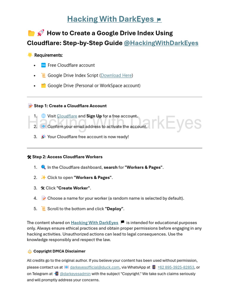?? How to Create a Google Drive Index Using Cloudflare Step-By-Step Guide @HackingWithDarkEyes | PDF