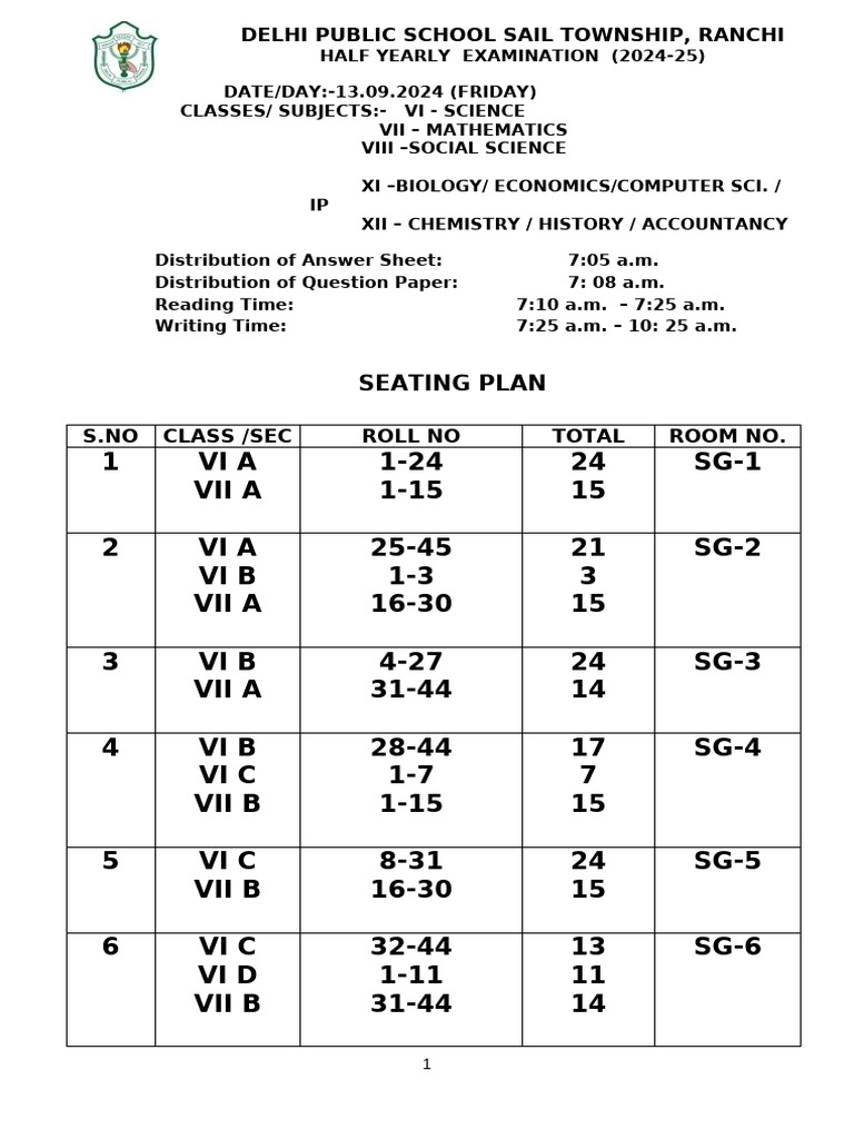13.09.2024 Seating Plan Class Vi - Viii | PDF