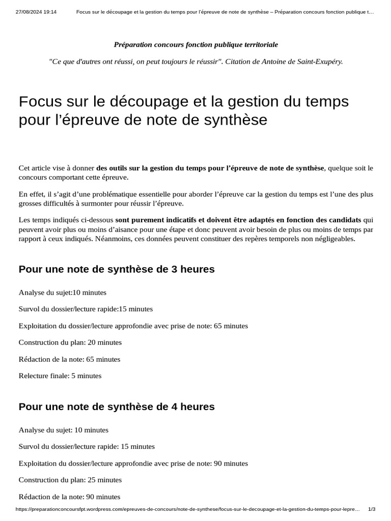 Focus Sur Le Découpage Et La Gestion Du Temps Pour L'épreuve de Note de ...