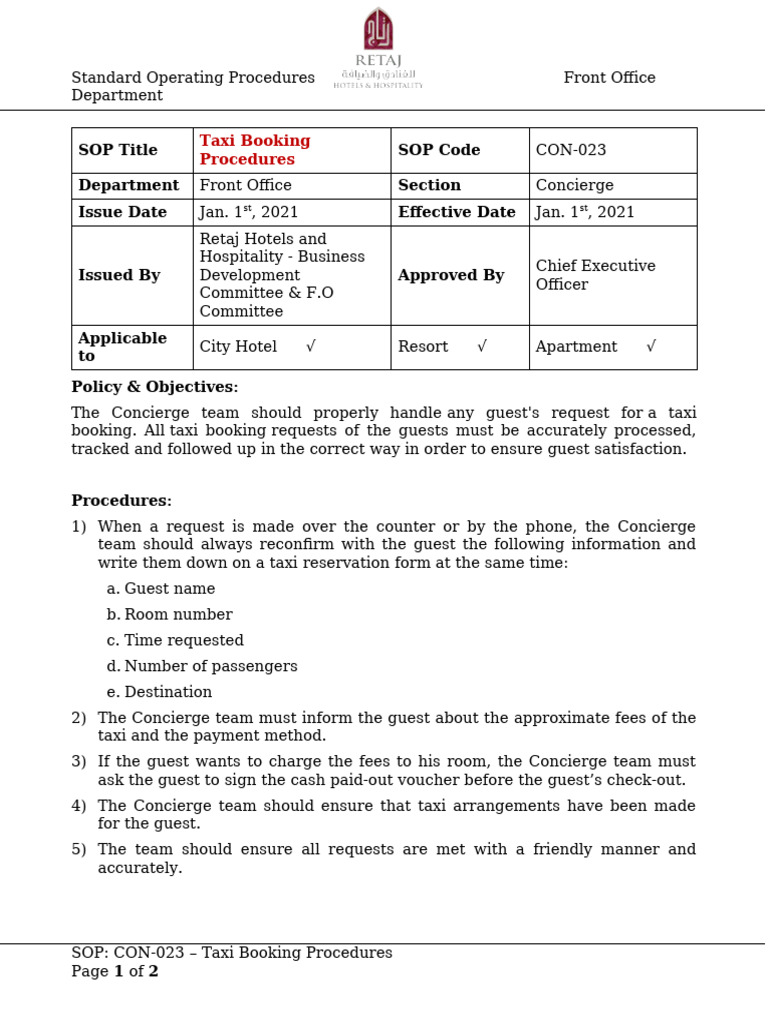 (CON-023) Concierge - Taxi Booking Procedures | PDF