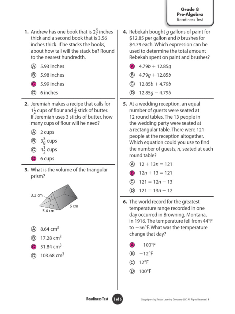 Grade 8 Readiness Test - Answer Key | PDF