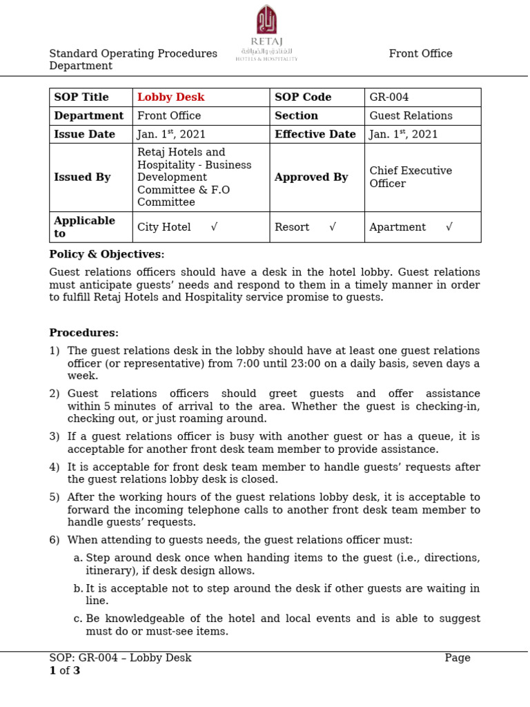 Guest Relations Desk SOP | PDF | Finance & Money Management