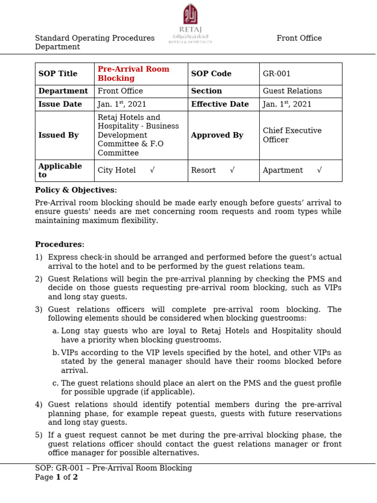Pre-Arrival Room Blocking Guide | PDF | Finance & Money Management