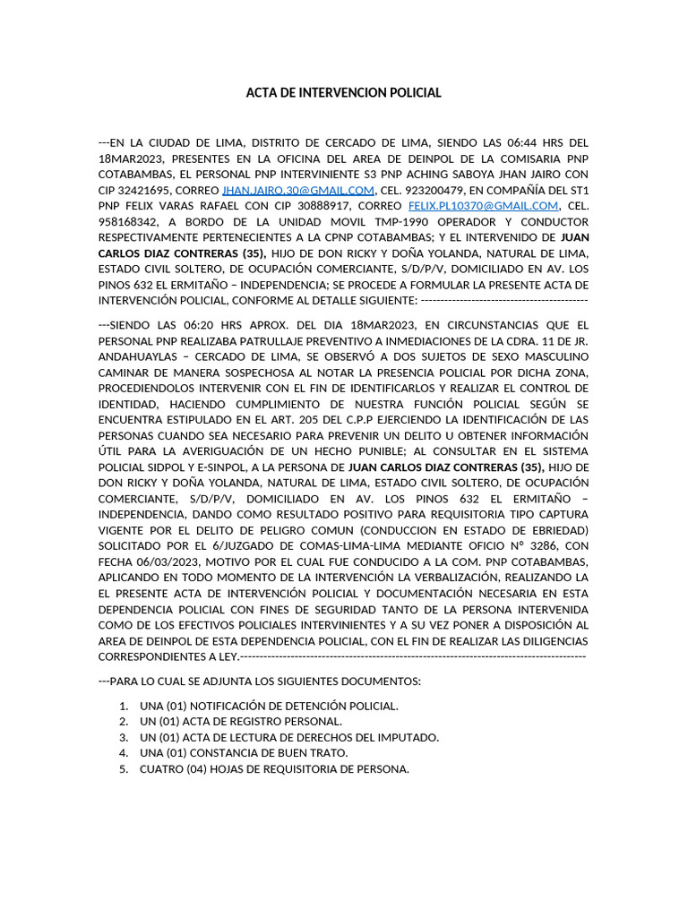 18MAR2023 ACTA DE INTERVENCION POLICIAL_RQ | PDF