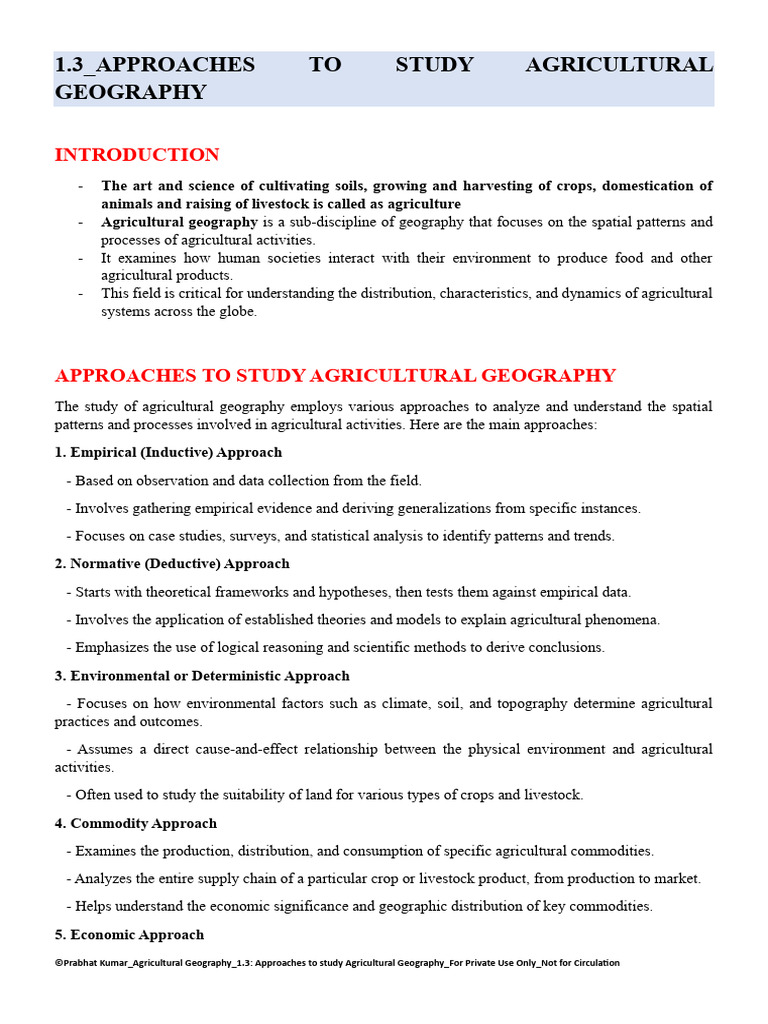 1.3 - Approaches To Study Agricultural Geography | PDF