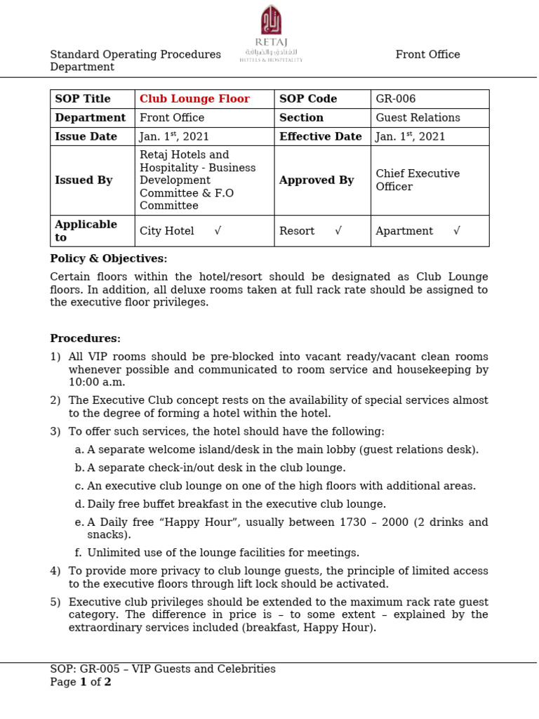 Club Lounge Floor SOP GR-006 | PDF | Hospitality Industry