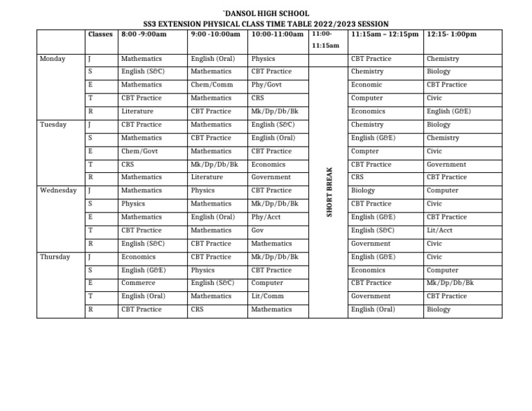 Ss3 Extension Physicalclass Time Table 2022-2023 Session | PDF