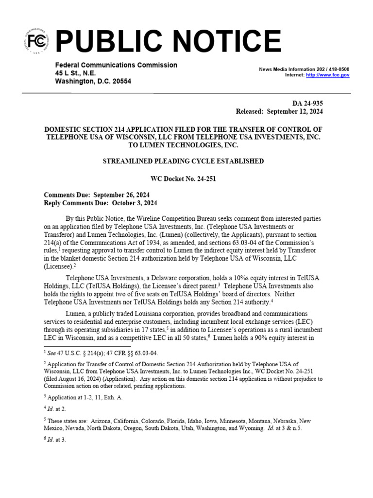Public Notice: Federal Communications Commission 45 L ST., N.E ...