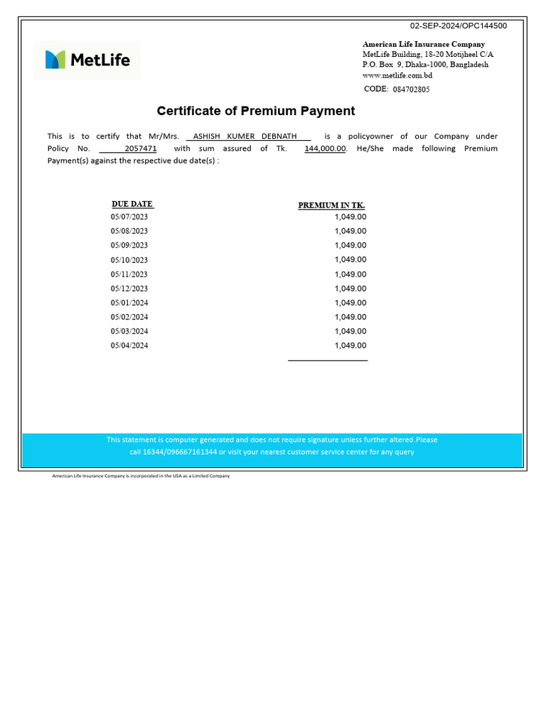 Certificate of Premium Payment: Metlife Building, 18-20 Motijheel C/A P ...