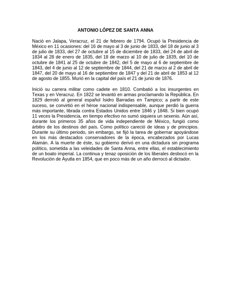 Biografía de Antonio López de Santa Anna | PDF