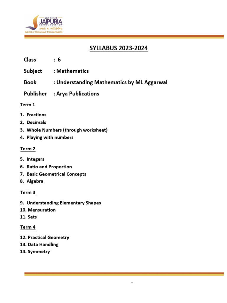 Mathematics Class 6 2023 24 | PDF