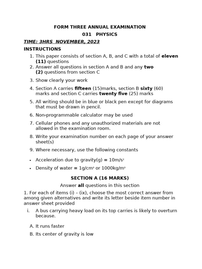Physics Form Three Annual Examination 2023 | PDF