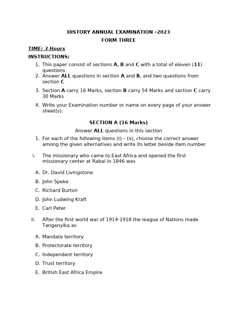 History Form Three Annual Examination 2023 | PDF | Colonialism | Germany