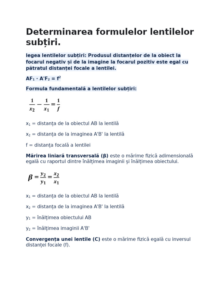 Determinarea Formulelor Lentilelor Subțiri | PDF