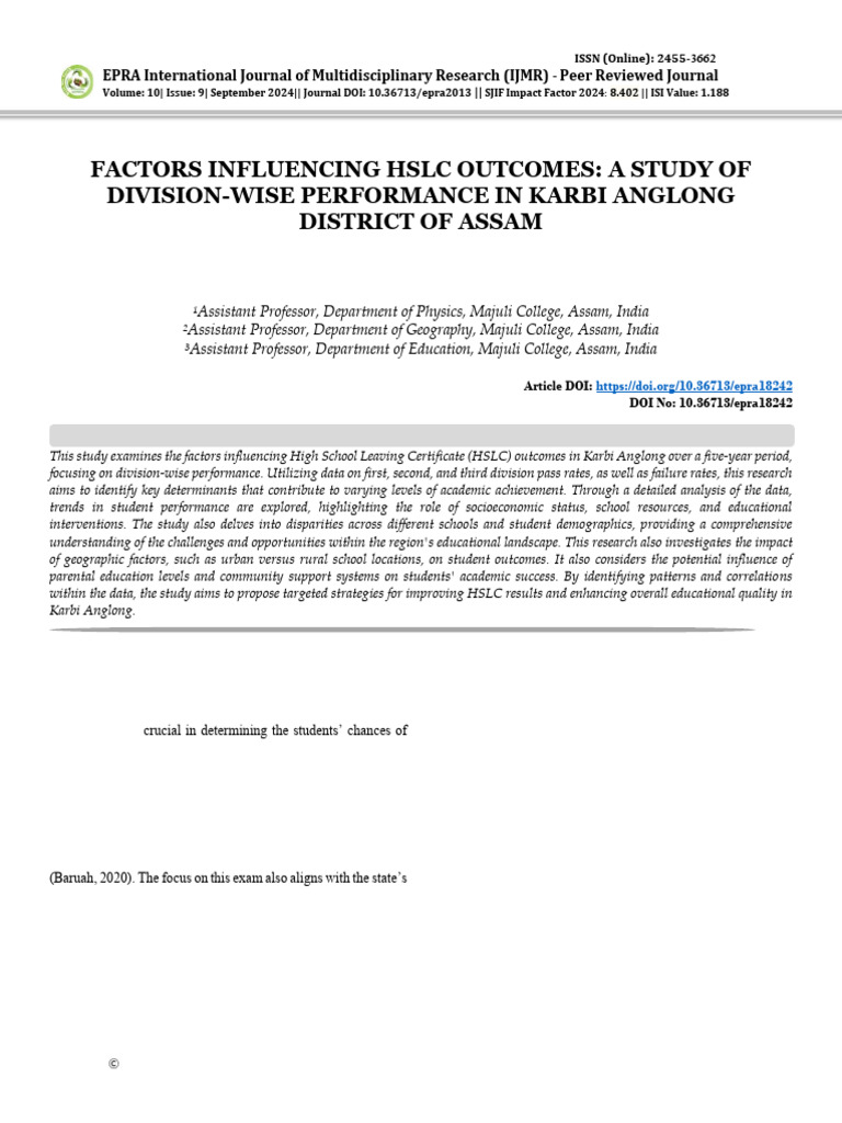 Factors Influencing HSLC Outcomes: A Study of Division-Wise Performance in Karbi Anglong ...