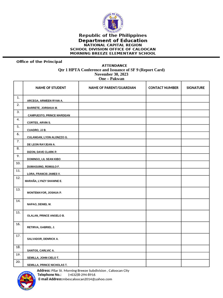 Attendance QTR 1 HPTA Conference and Issuance of SF 9 Report Card | PDF