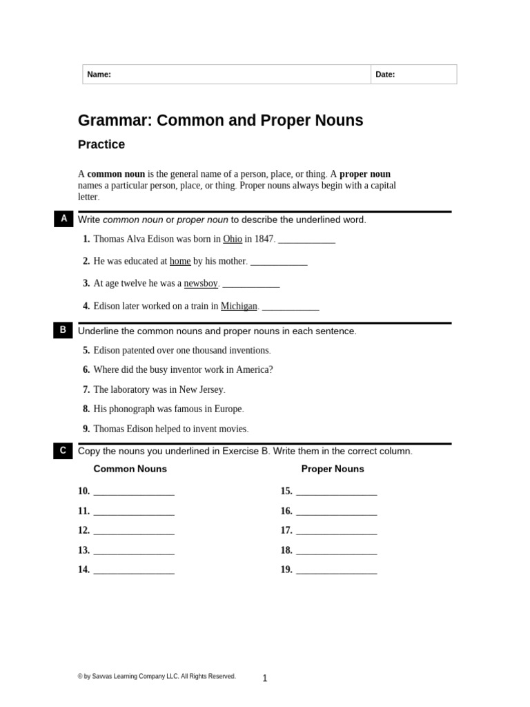 Common and Proper Nouns Unit 3 | PDF