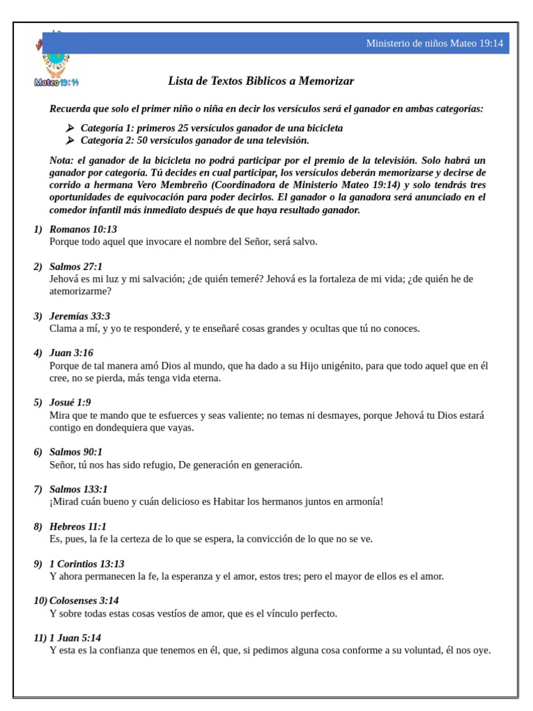 Lista de Textos Biblicos A Memorizar | PDF