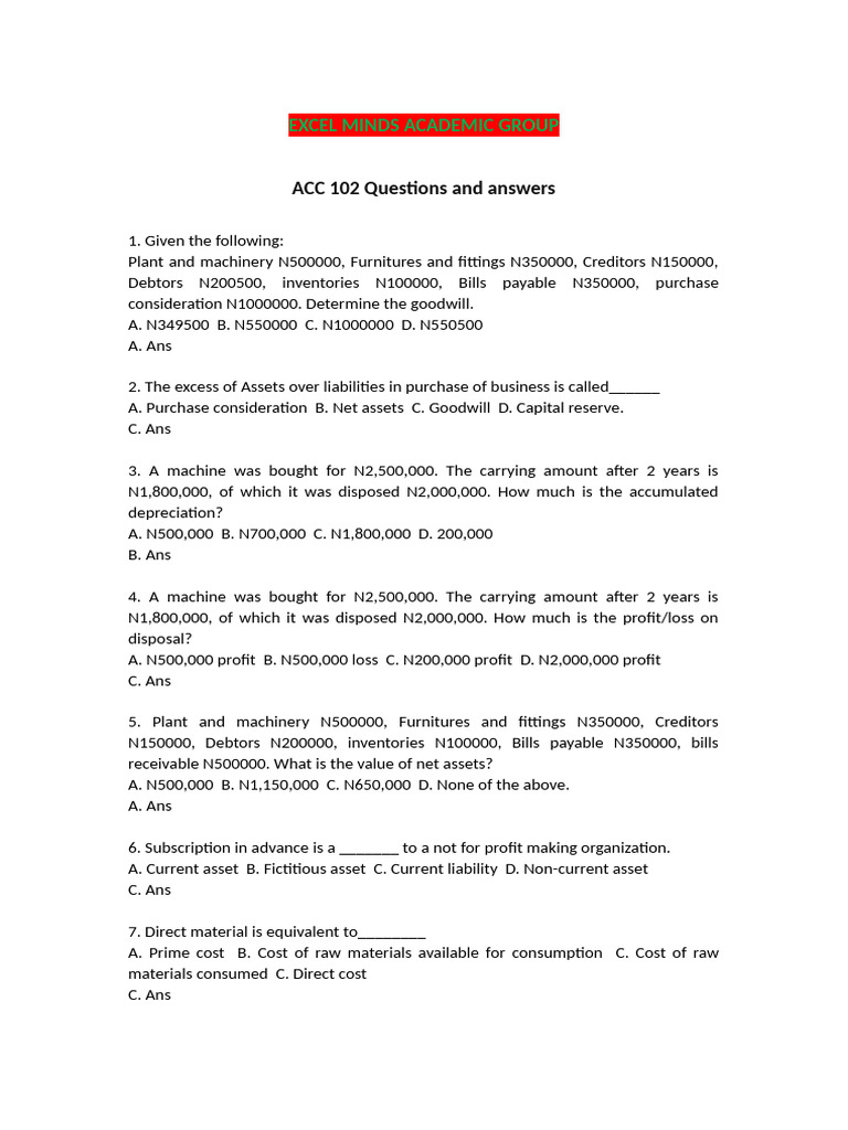ACC 102 Questions & Answers Guide | PDF | Depreciation | Goodwill ...