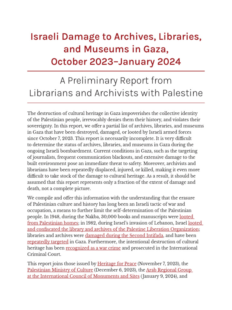 Damage To Archives Libraries Museums Gaza | PDF