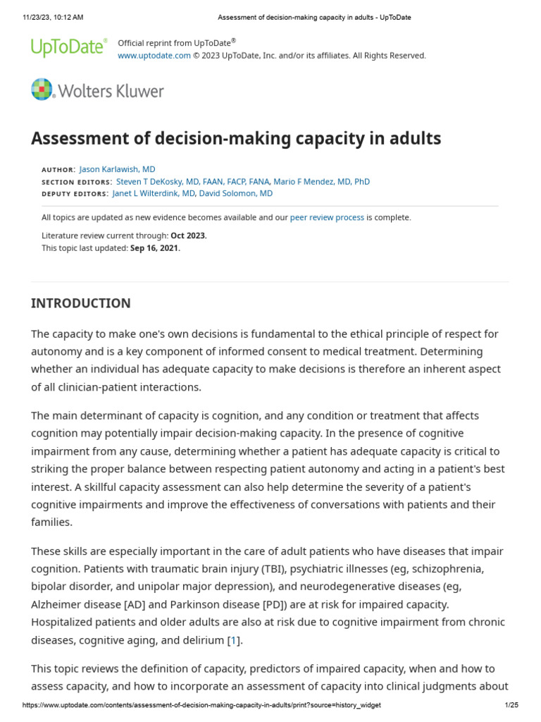 Assessment of decision-making capacity in adults - UpToDate | PDF