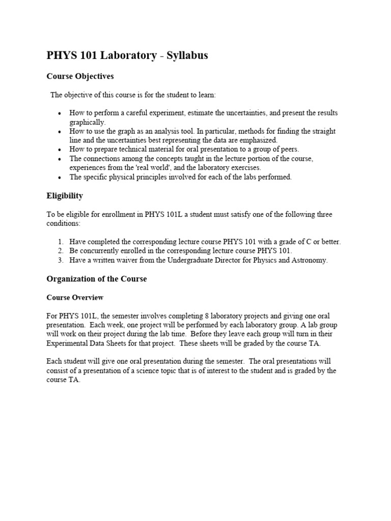 101 Laboratory Syllabus v3 | PDF