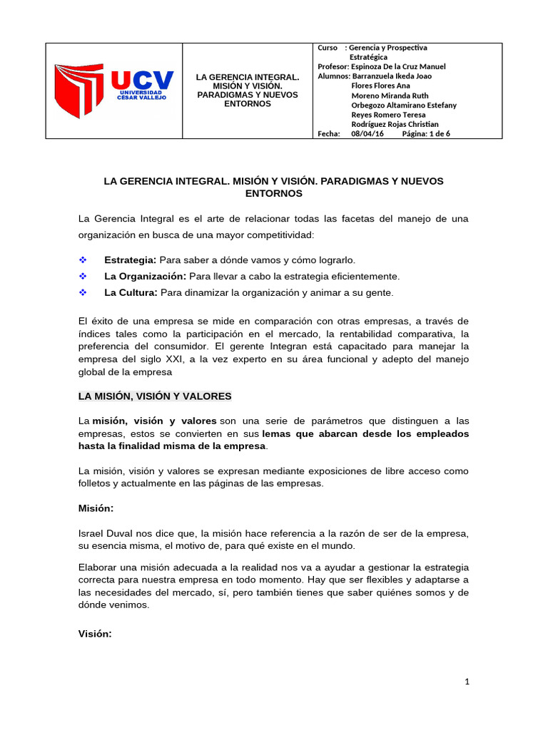 Gerencia Integral: Misión y Visión Estratégica | PDF | Business ...