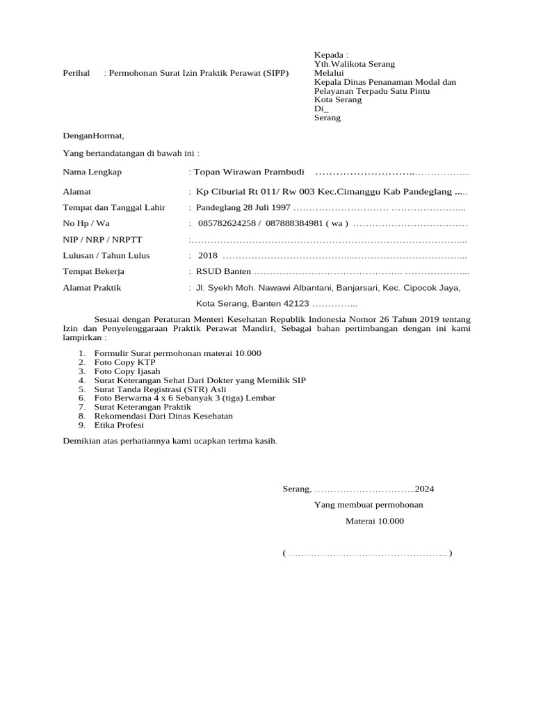 Formulir SIP Perawat tOPAN | PDF