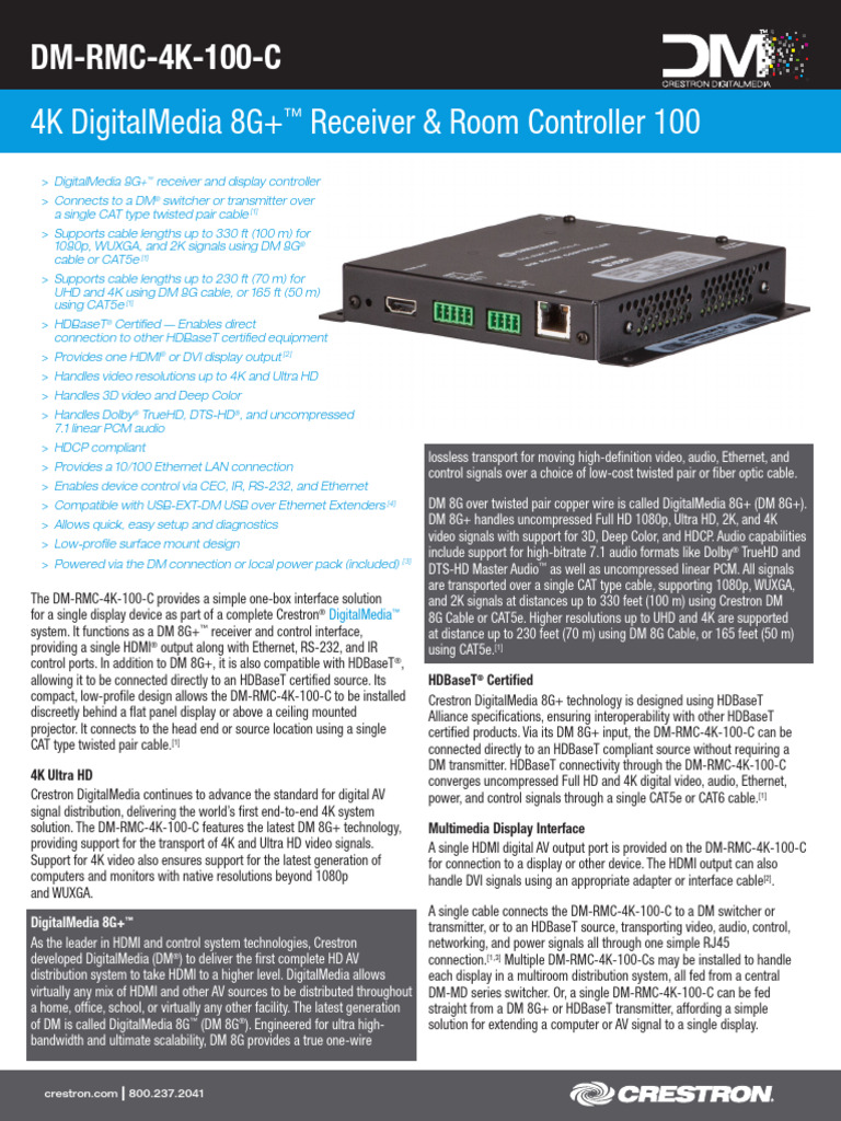 4K Digitalmedia 8G+ Receiver & Room Controller 100: Dm-Rmc-4K-100-C | PDF