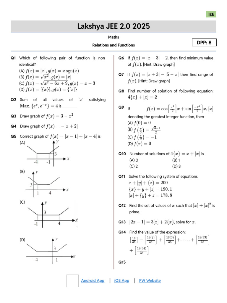 Relations and Functions DPP 08 of Lec 10 Lakshya JEE 2 0 2025 | PDF