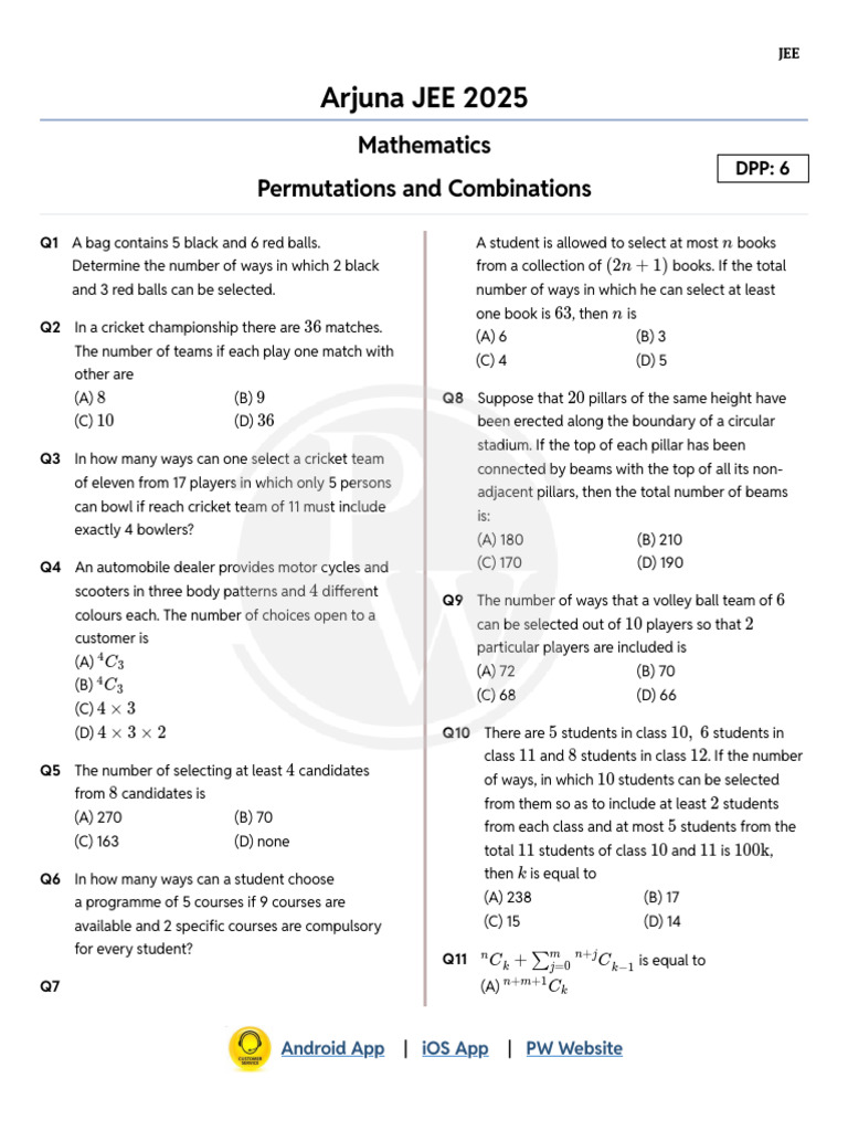 Permutations and Combinations - DPP 06 - Arjuna JEE 2025 | PDF