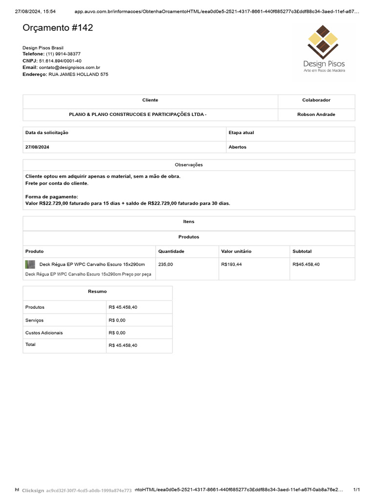 Pedido DP - 3009 - 100m2 Plano e Plano - Clicksign | PDF