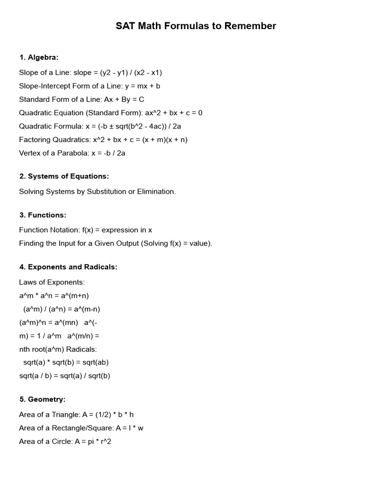 SAT Math Formulas Fixed | PDF