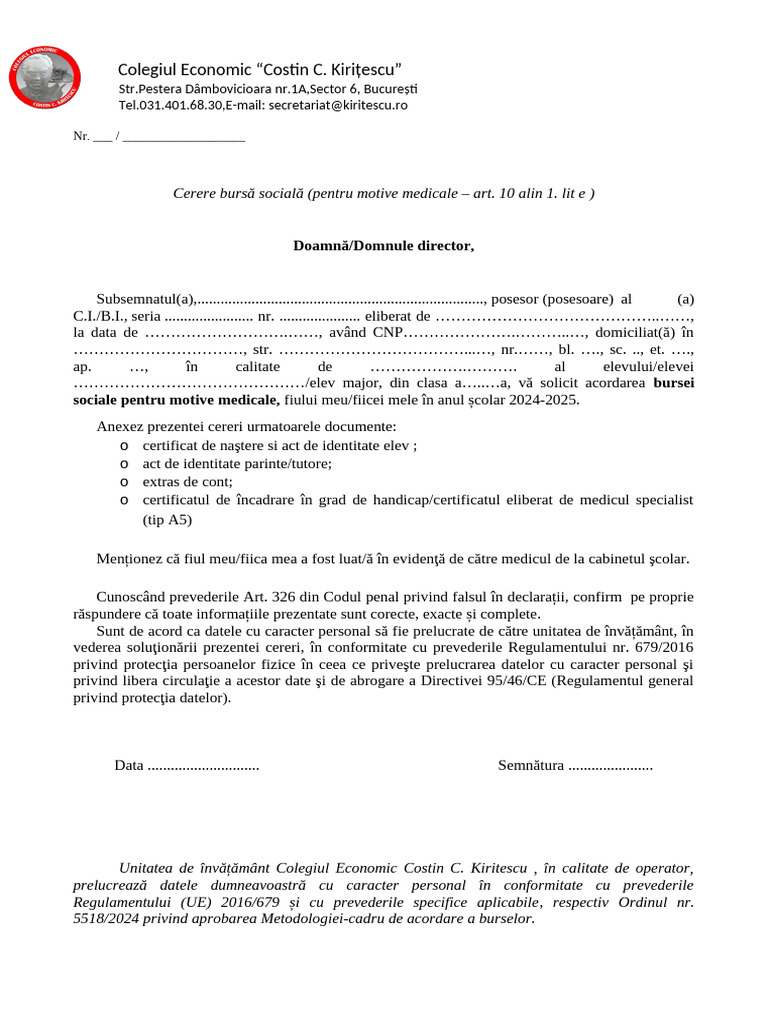 Anexa 6 - Cerere Bursa Sociala Pentru Motive Medicale | PDF